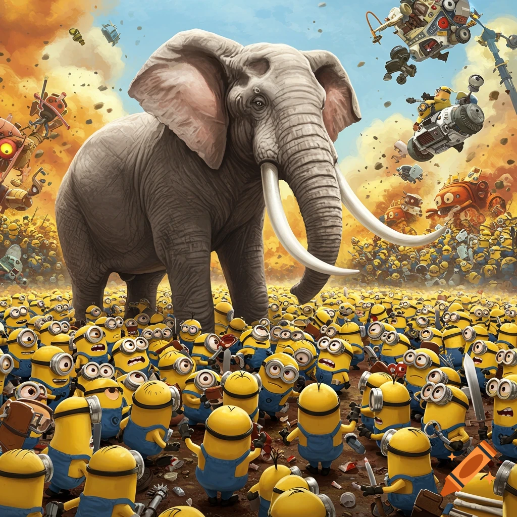 A large elephant stands amidst a chaotic crowd of hundreds of minions ...