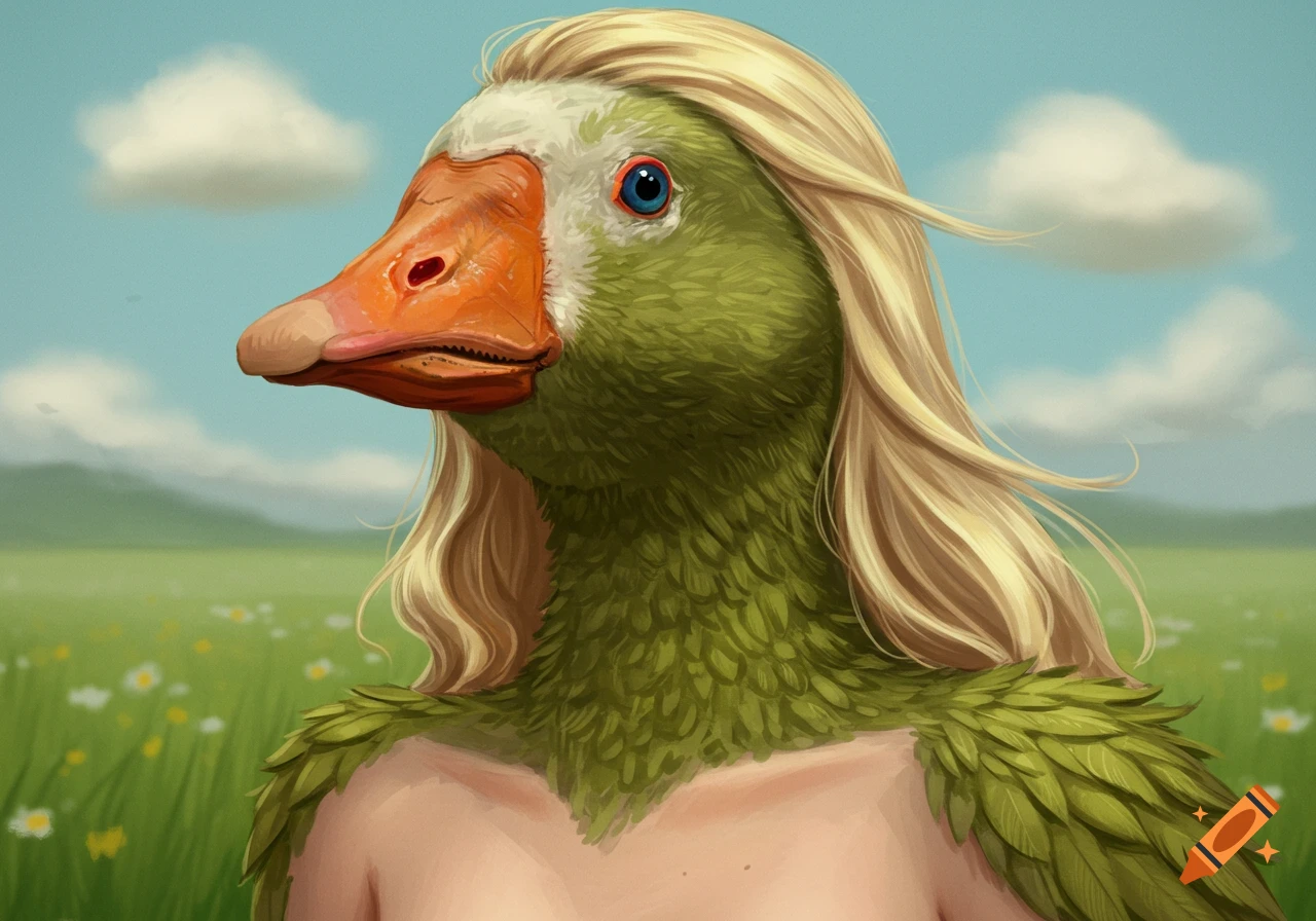 Illustration of a blonde human/goose hybrid standing in a grassy field ...