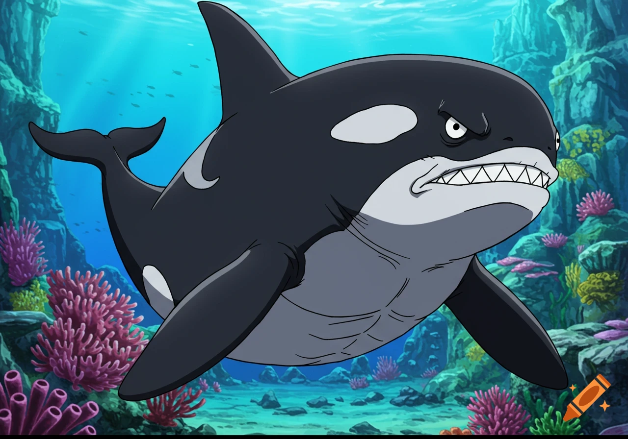 Angry anime killer whale swimming underwater among coral and rocks. on ...
