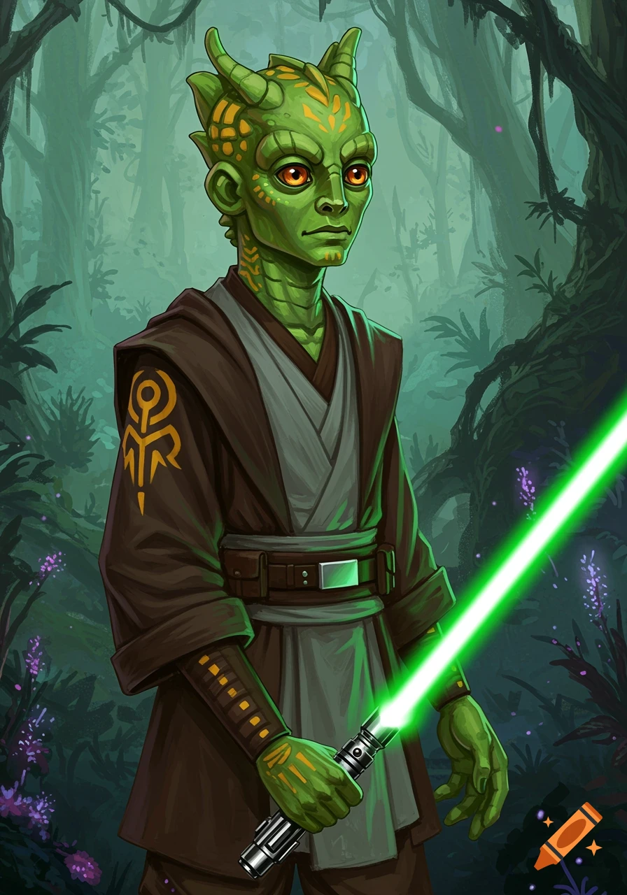 A green-skinned alien in brown robes holds a glowing green lightsaber ...