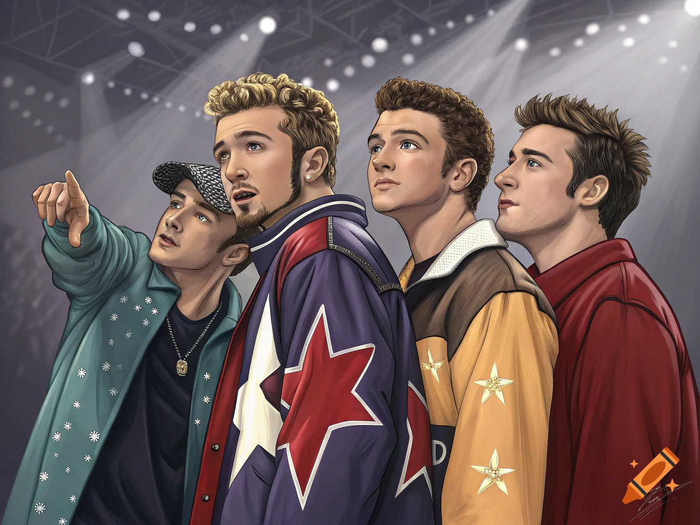 Illustration of a boy band looking up at a stage during a performance. on Craiyon