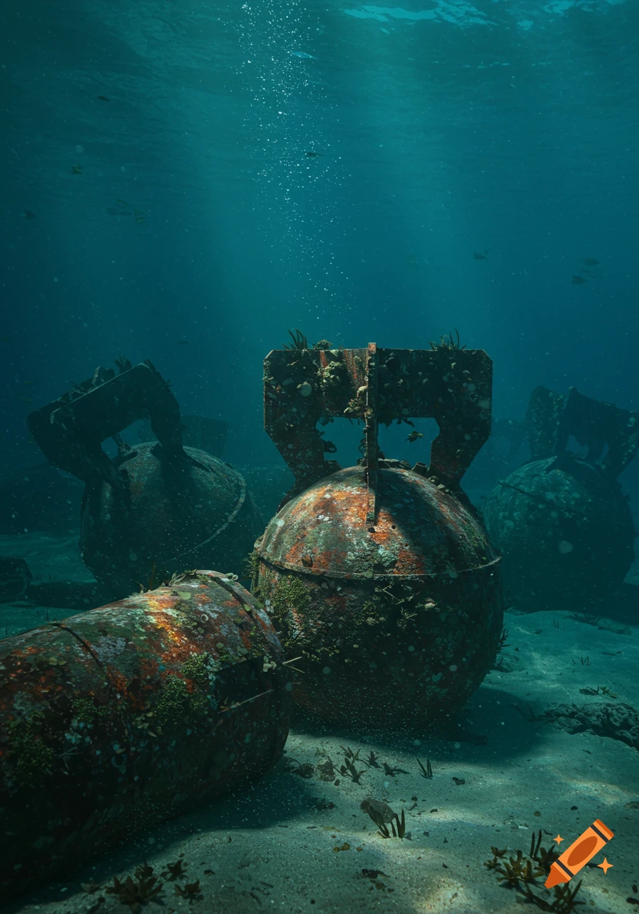 Several rusty bombs lie on the sandy seabed in clear blue water with ...