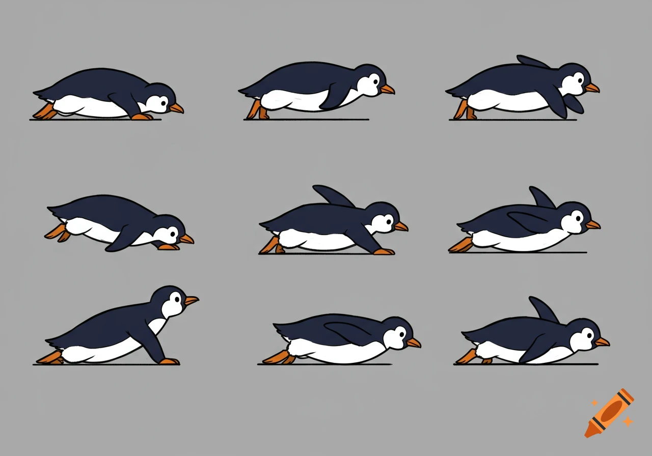 Multiple frames of cartoon penguins sliding on their bellies. on Craiyon
