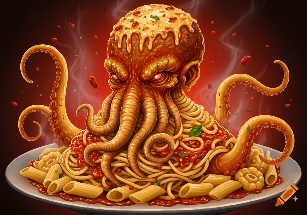 A plate of spaghetti and penne pasta topped with a monstrous creature ...
