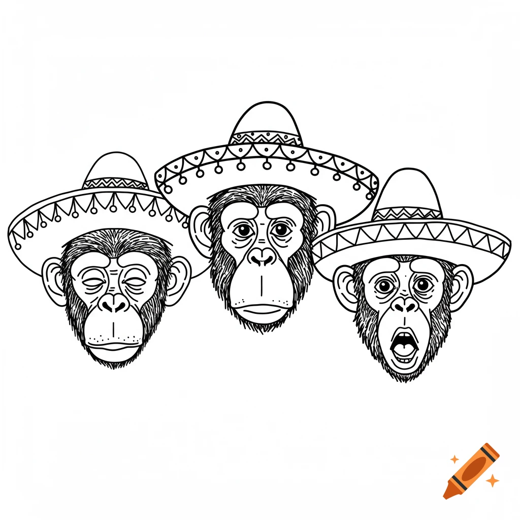 Black and white line drawing of three monkey faces wearing sombreros ...