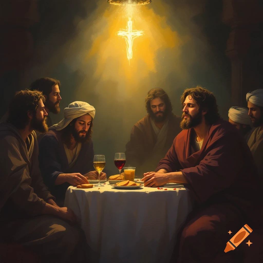 Painting of Jesus and his disciples having a meal with a glowing cross ...