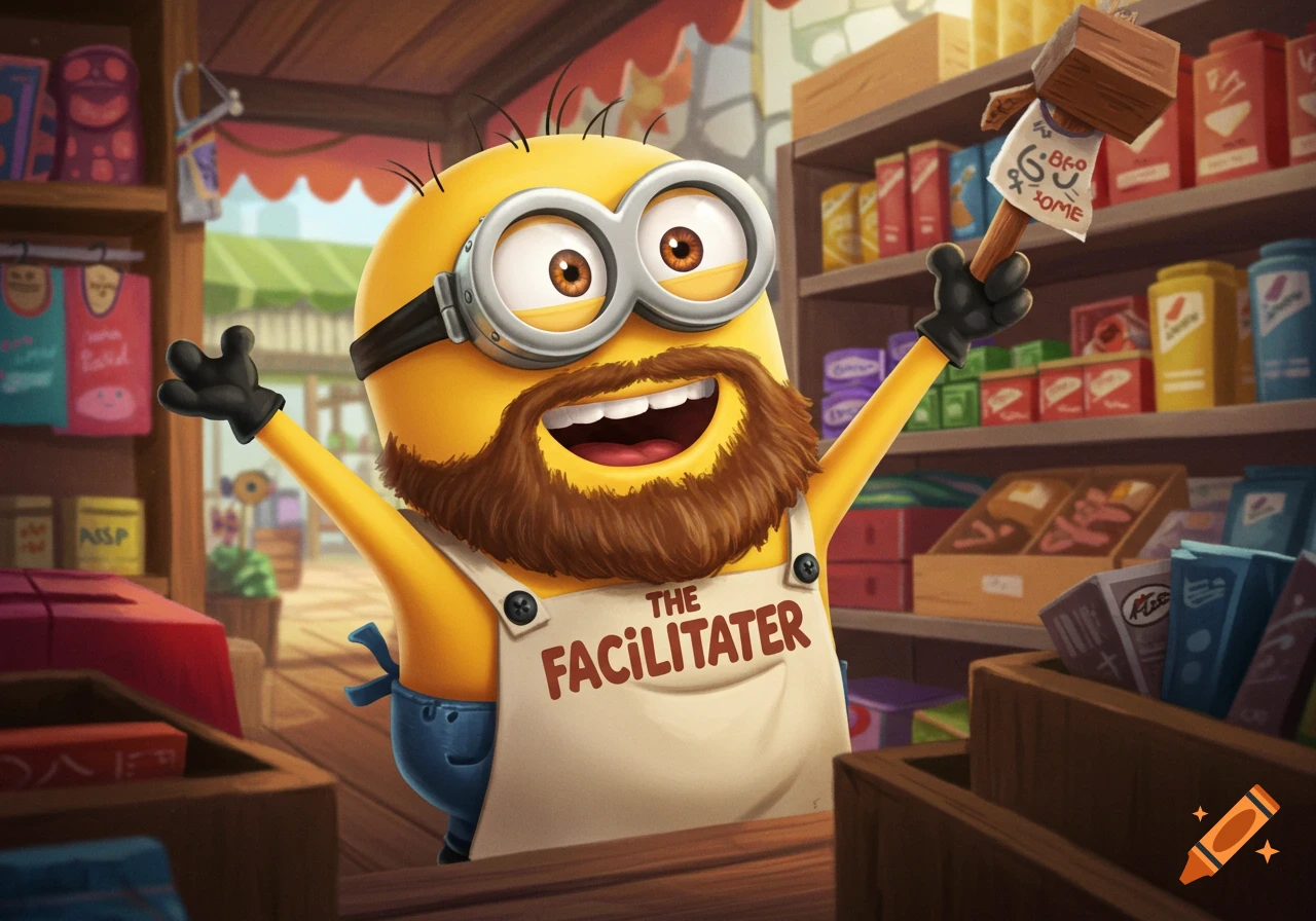Cartoon illustration of a bearded Minion in a shop wearing 'The ...