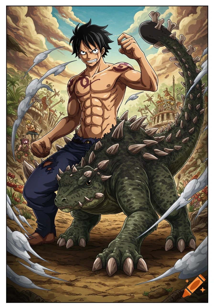 Anime character Luffy standing with a dinosaur-like creature in a ...