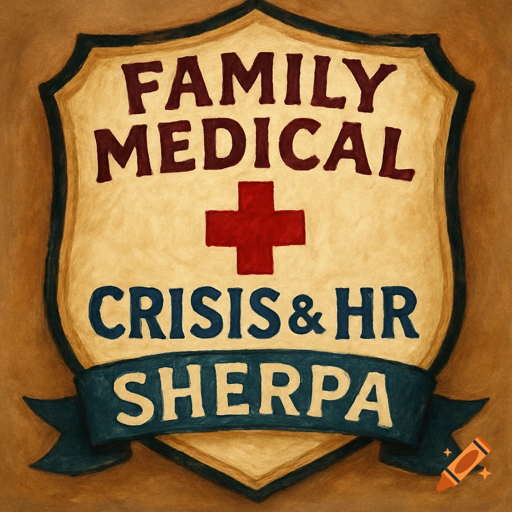 A shield-shaped badge with the words 'Family Medical Crisis & HR Sherpa ...