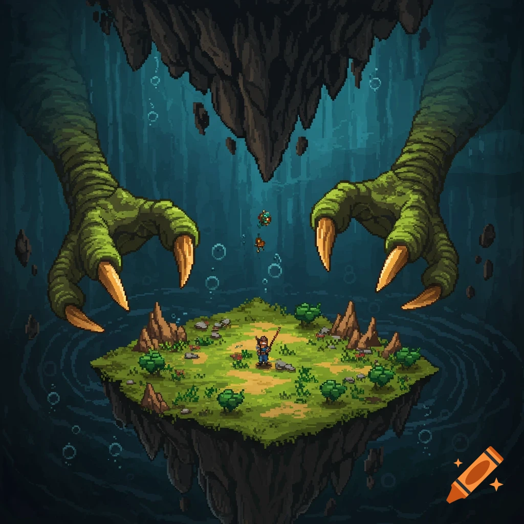 Pixel art of giant dragon claws reaching for a floating island with a ...