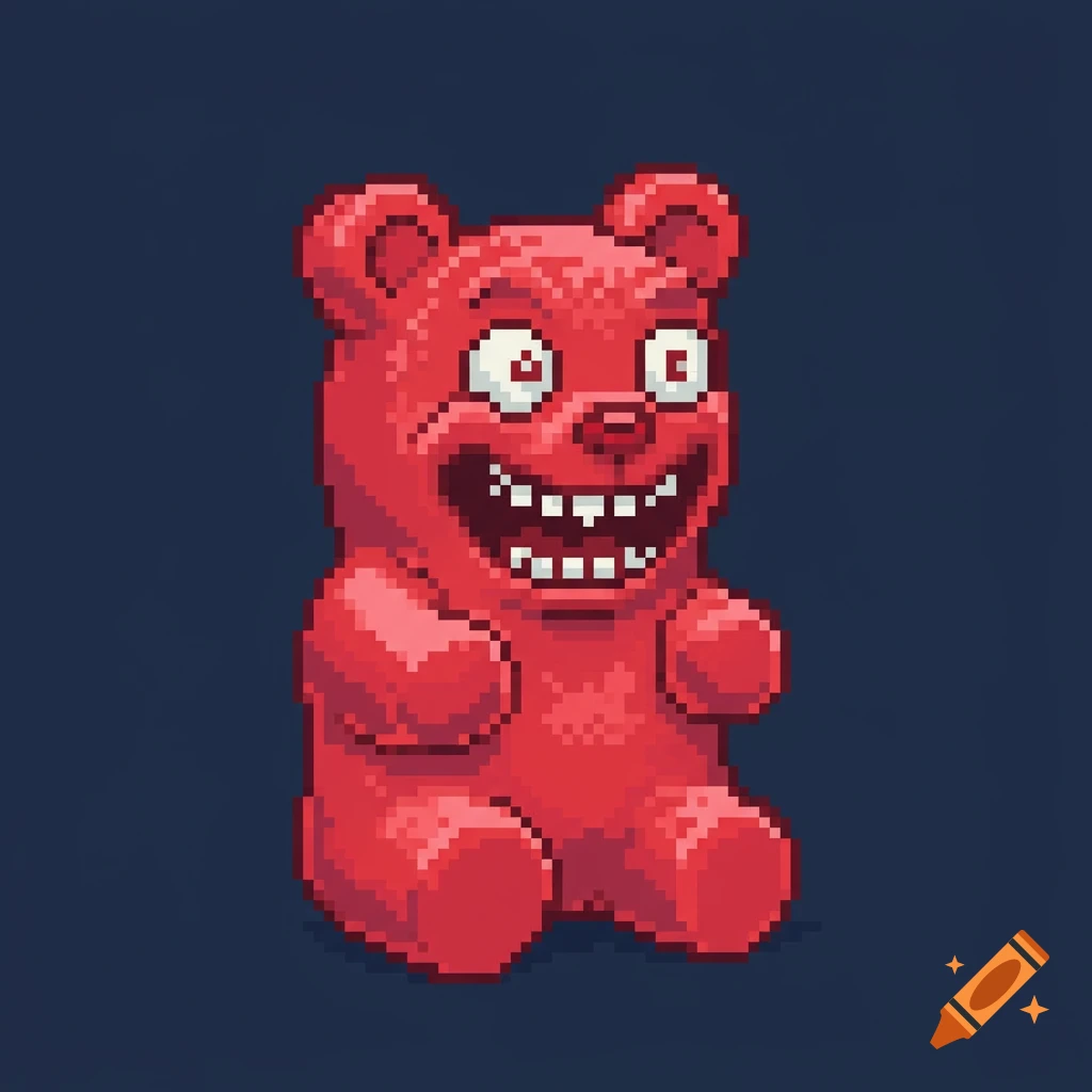 A pixel art red gummy bear with a wide, toothy, slightly mad grin. on ...