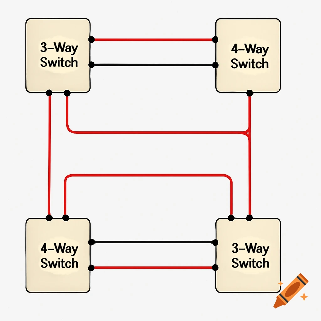 Diagram of a circuit showing 3-way and 4-way switches connected by ...