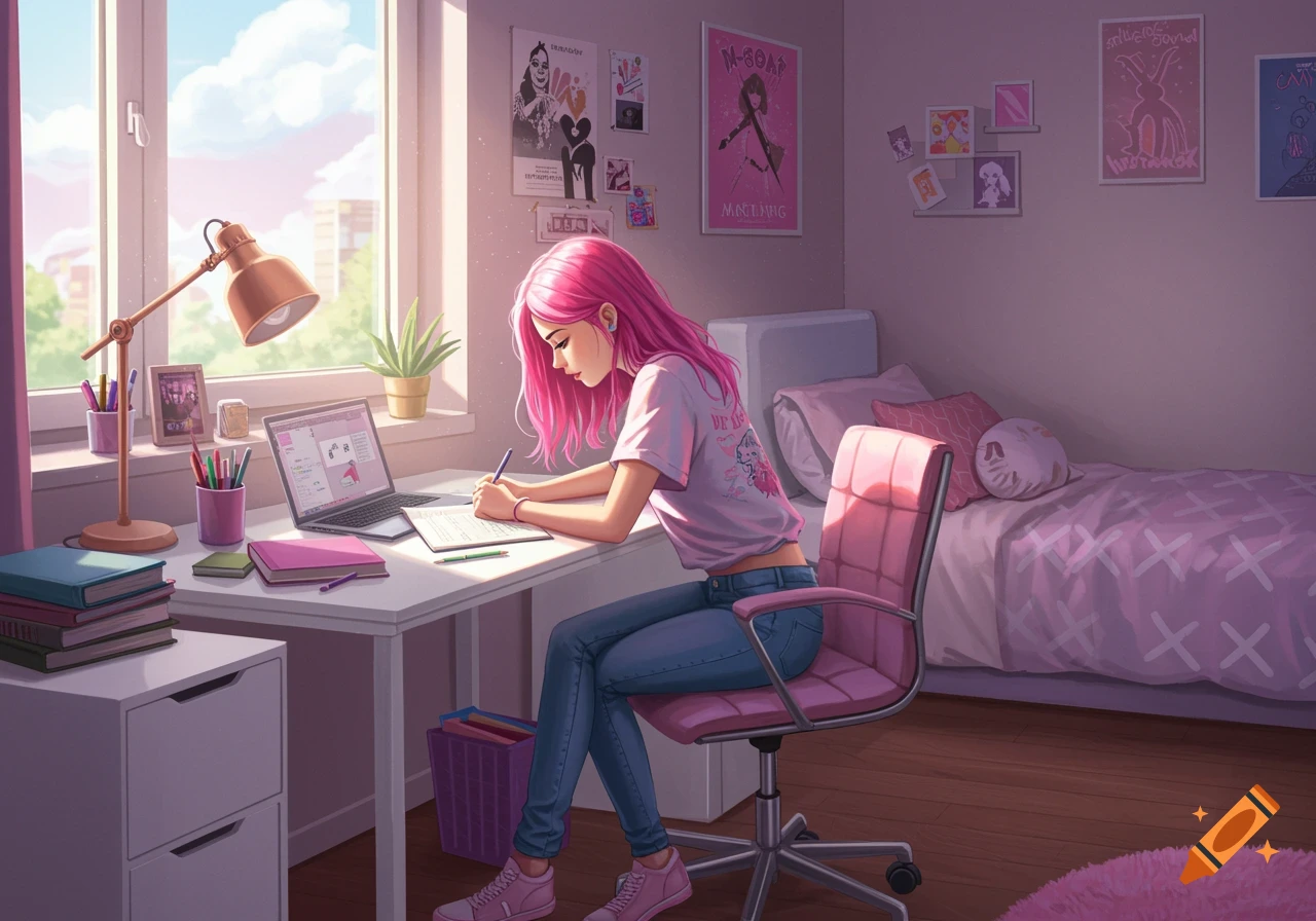 Teen girl with pink hair doing homework at a desk in a colorful bedroom ...