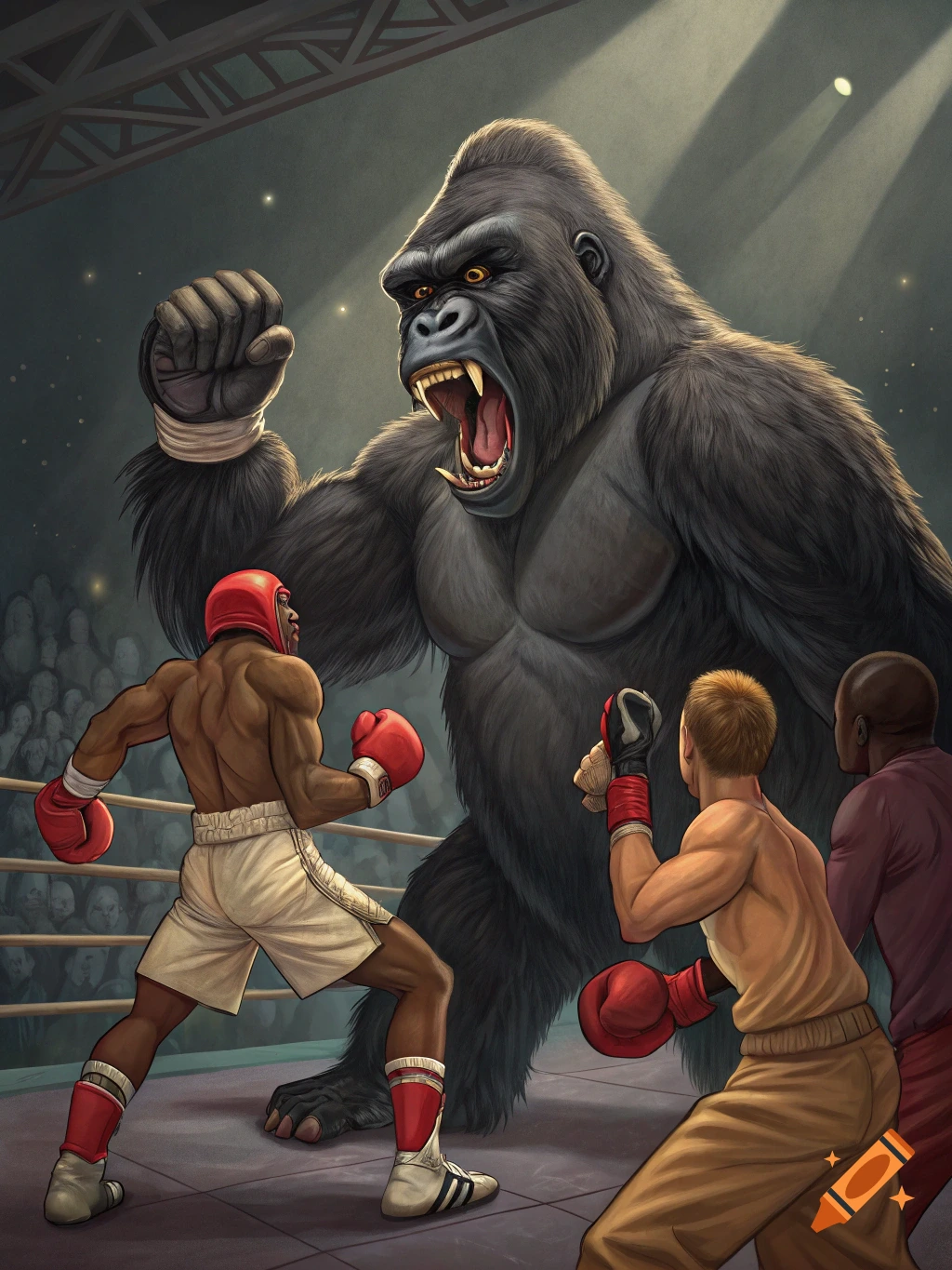 A huge gorilla roars in a boxing ring, facing three human boxers. Illustration style. on Craiyon