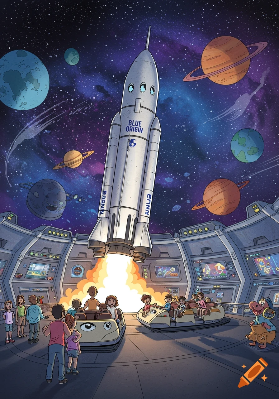 Cartoon space ride scene with a Blue Origin rocket launching indoors as ...