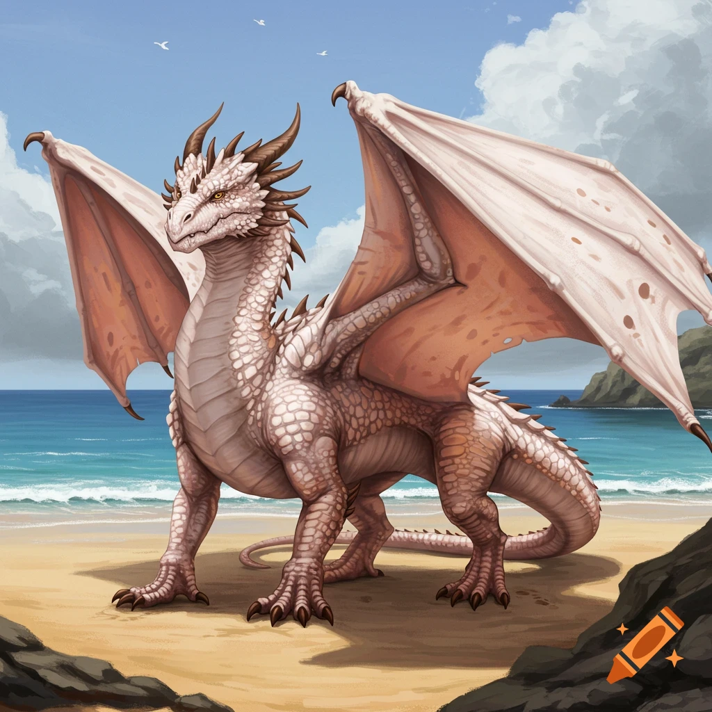 A white and tan dragon stands on a sandy beach looking towards the ...
