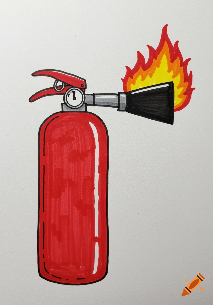 A childlike drawing of a red fire extinguisher spraying fire. on Craiyon