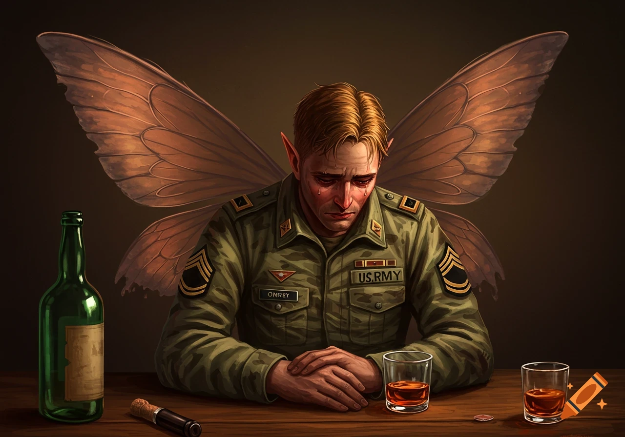 A depressed fairy in a US Army uniform sits at a table with drinks. on ...