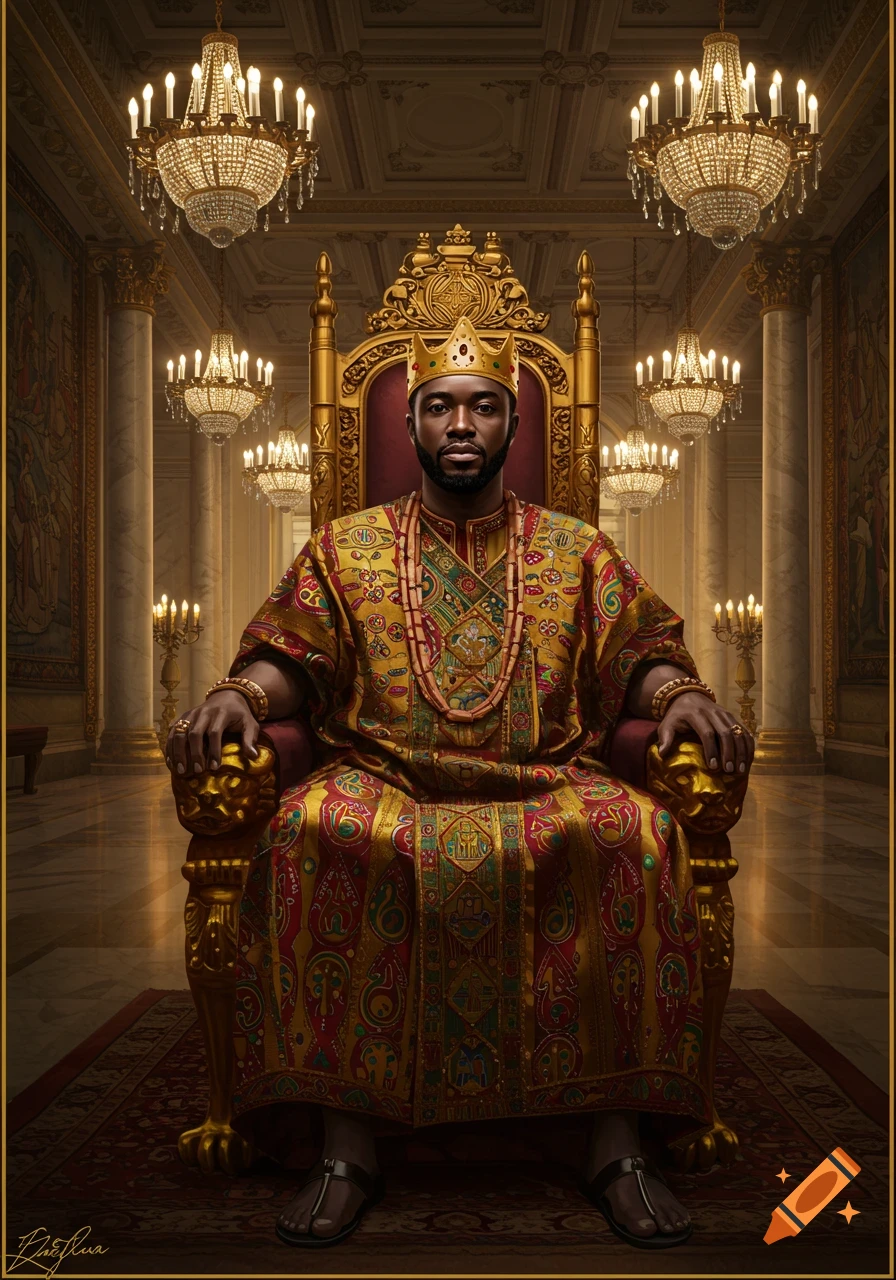 A man in elaborate golden and red robes sits on a gold throne in a ...