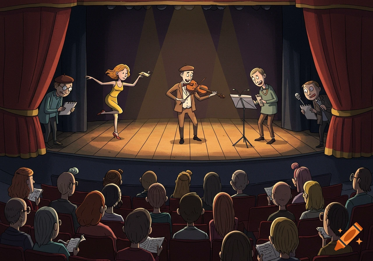 Cartoon performance on a theater stage with a dancer, violinist, singer ...
