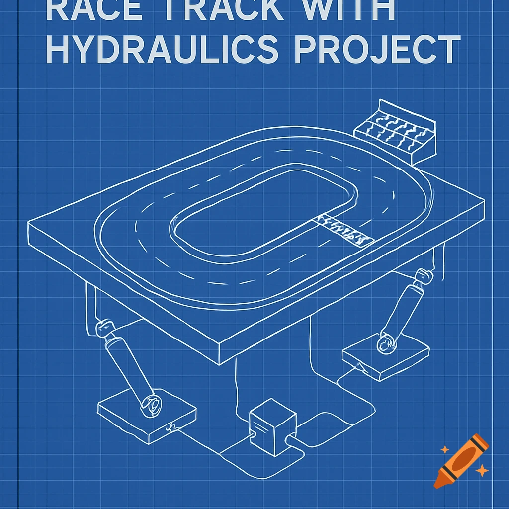 Blueprint of a race track on a table with hydraulic supports, technical ...