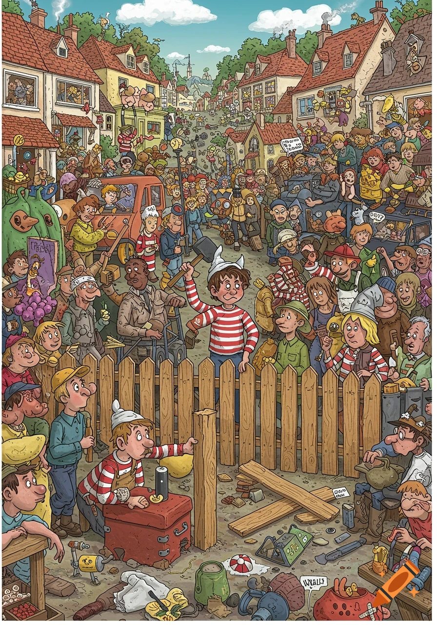 A crowded, cartoon illustration in the style of Where's Wally, showing ...