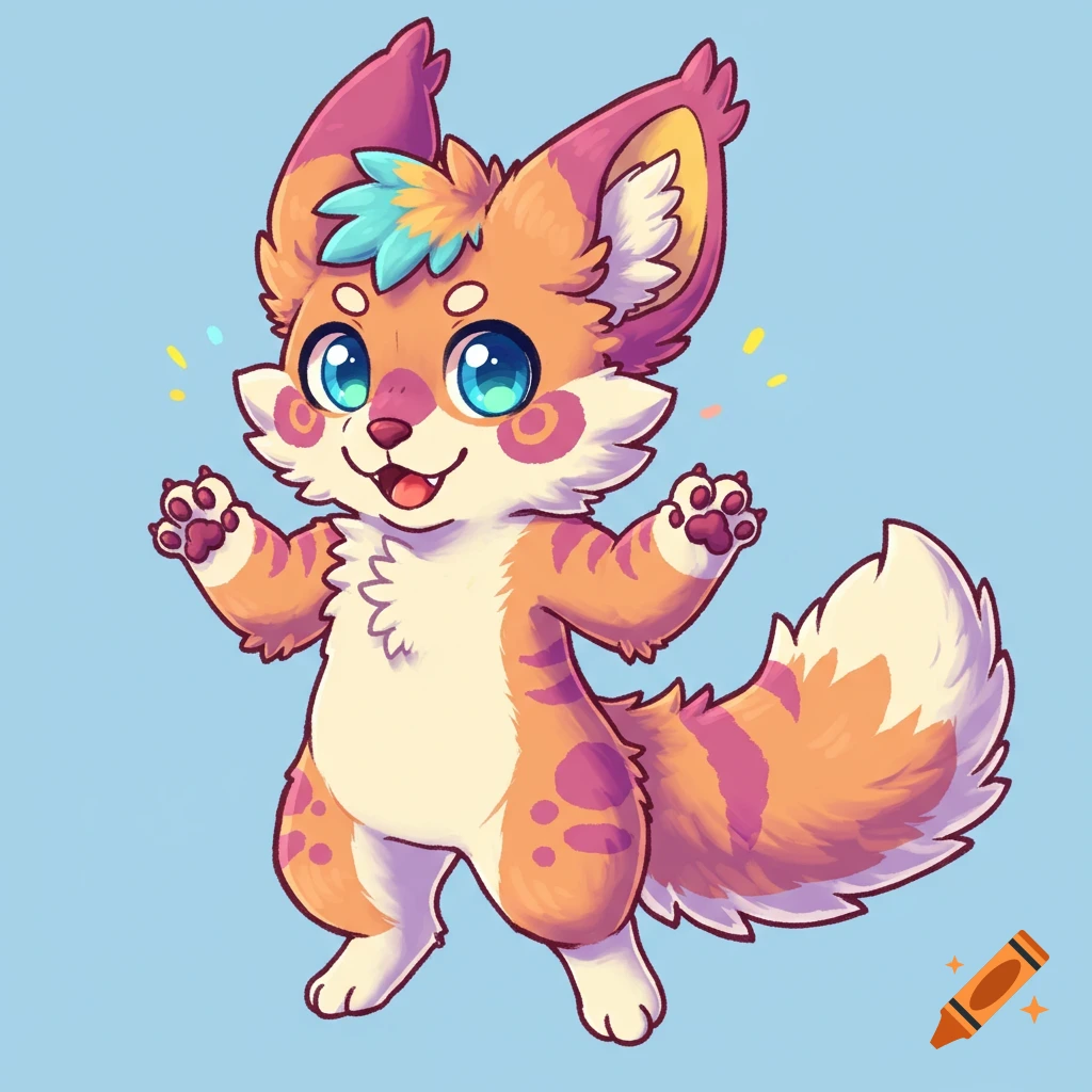 Cute chibi furry character smiling with paws raised on Craiyon