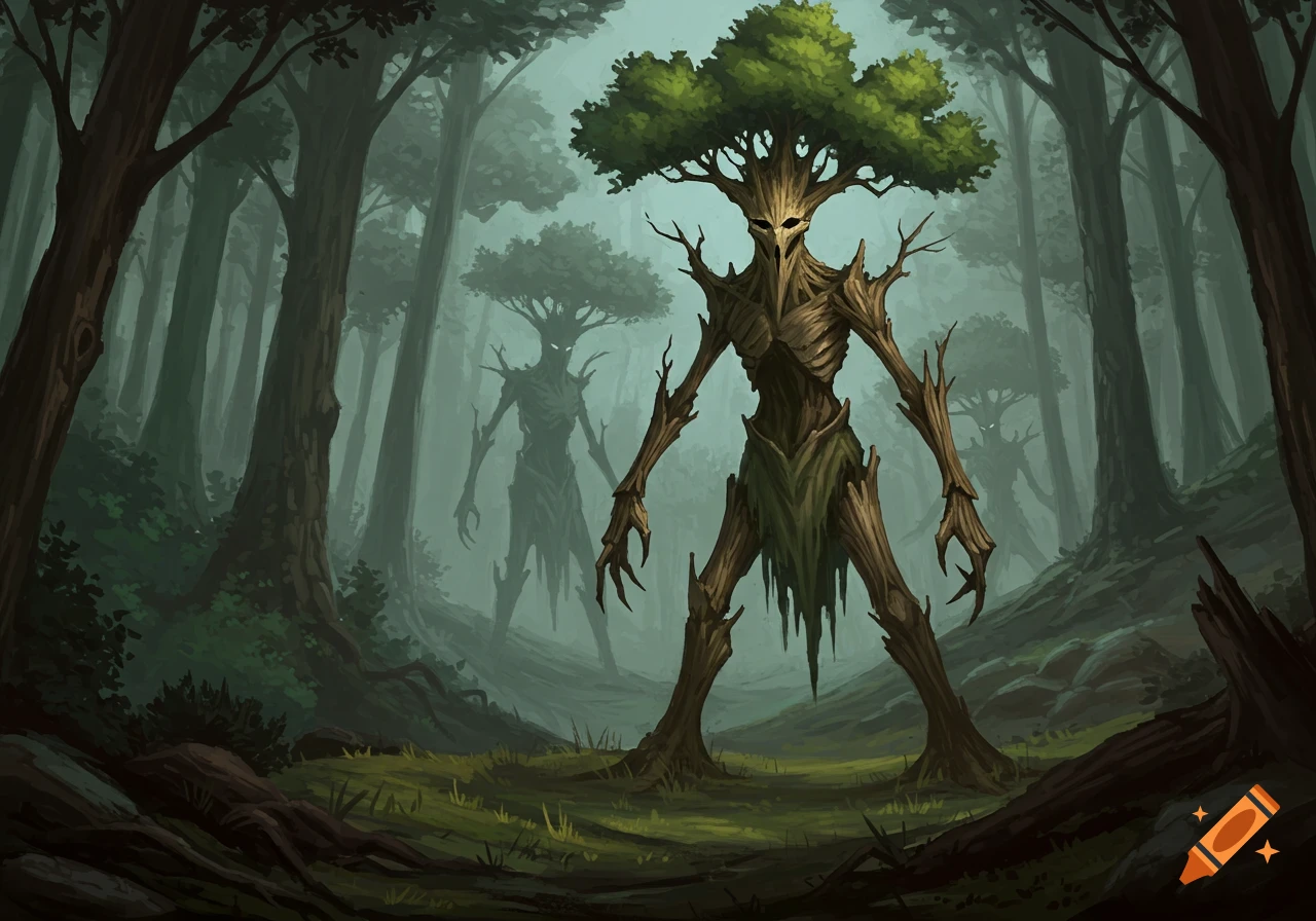 Fantasy tree creatures stand in a misty forest. on Craiyon