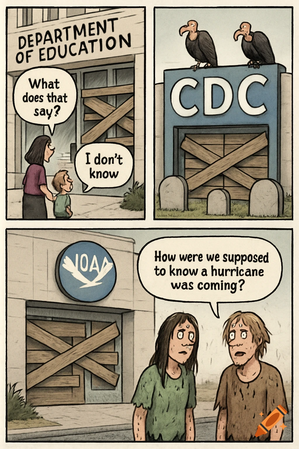 A three-panel comic shows boarded-up Department of Education, CDC, and ...