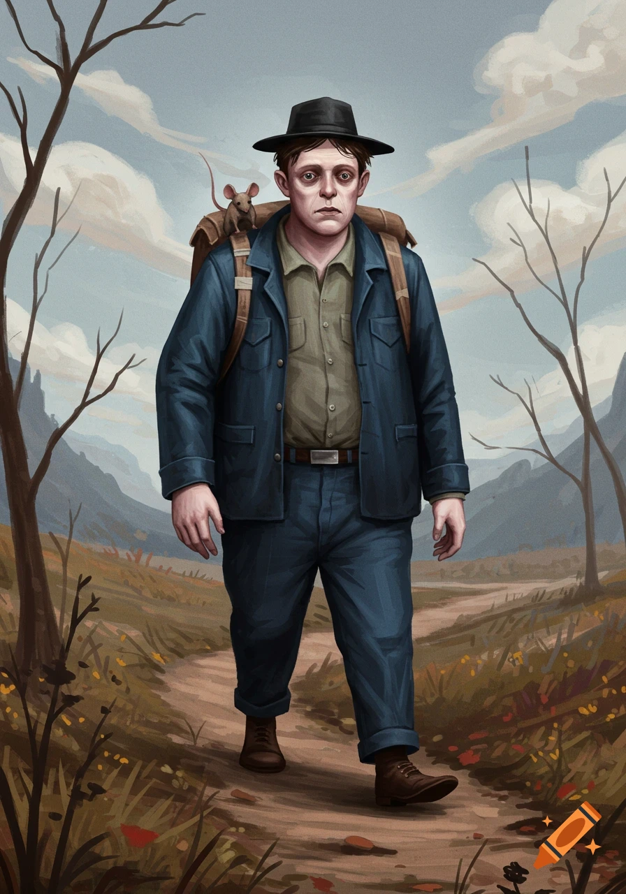 Illustration of a man walking a trail with a mouse on his backpack in a desolate landscape. on ...