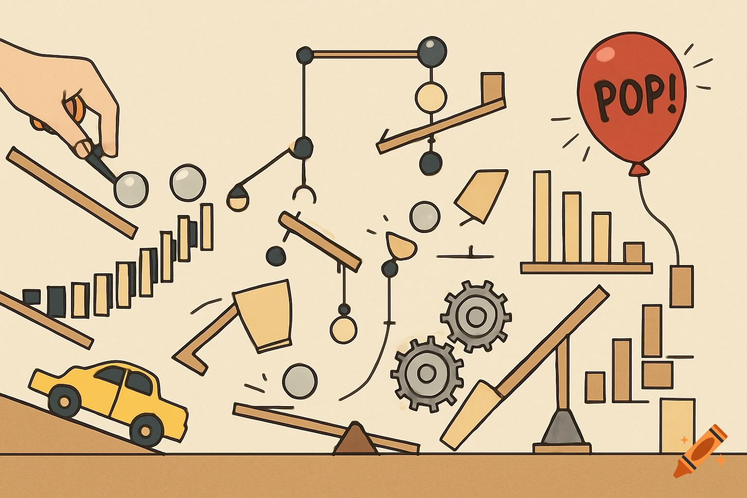Cartoon illustration of a Rube Goldberg machine sequence causing a ...