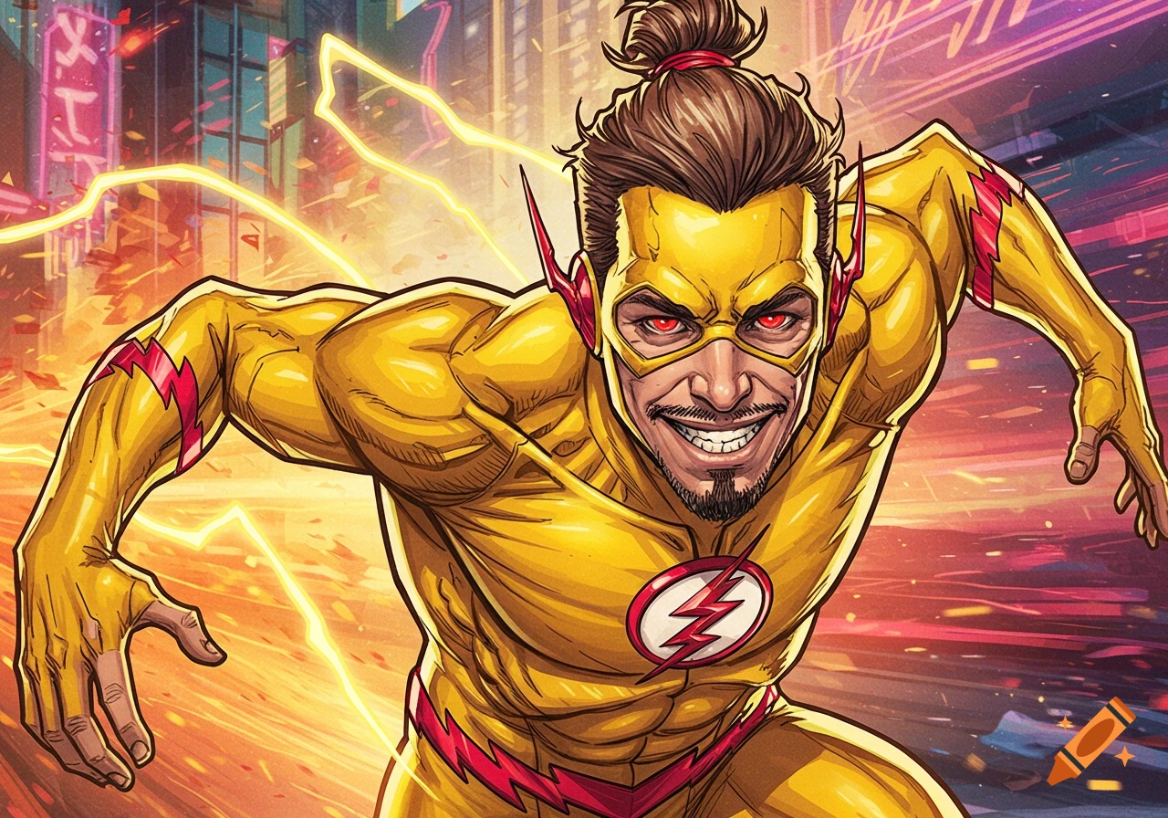 Comic book illustration of Reverse Flash with a man bun running through ...