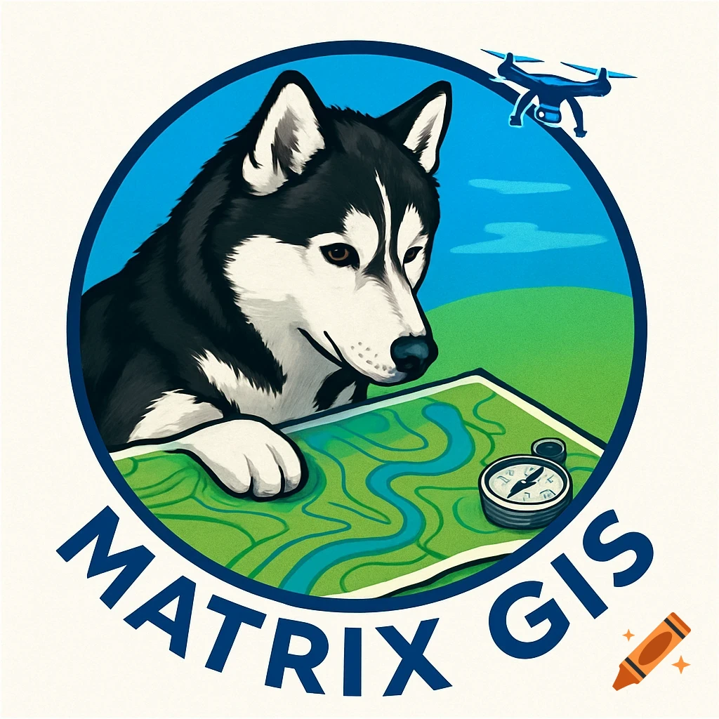 Illustrated logo of a husky dog looking at a map with a compass and ...