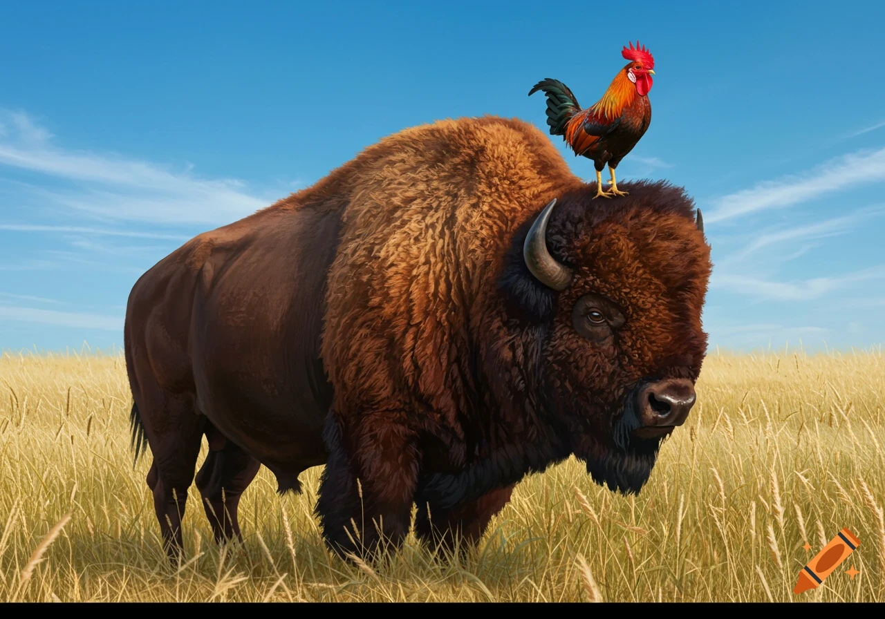 A rooster stands on the head of a large buffalo in a grassy field under ...