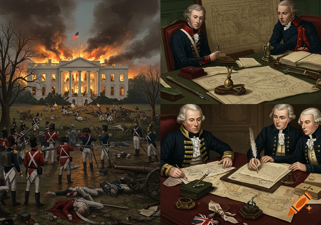 Historical painting showing the burning of the White House during the ...