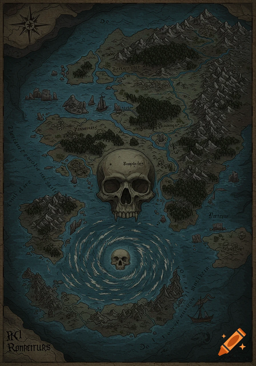 A dark fantasy map with a large skull, whirlpool, and islands. on Craiyon
