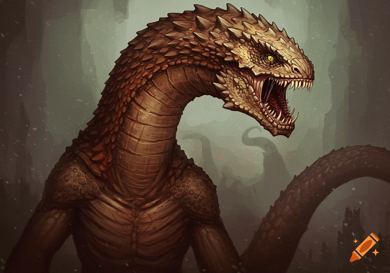 A large, scaly monster with a long, snake-like neck and yellow eyes ...