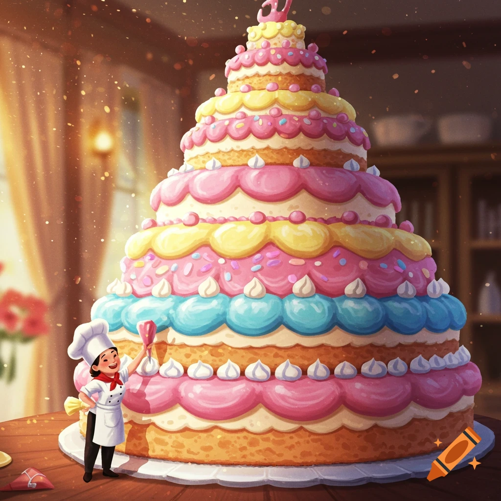 A tiny chef decorates a giant, colorful tiered cake in a warm kitchen ...