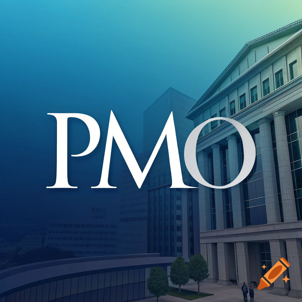 Large white text "PMO" over a background of a blue sky and blurred ...
