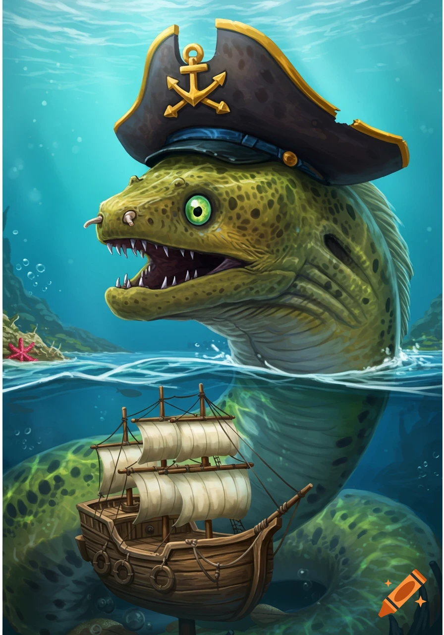 A large green moray eel wearing a pirate hat looms over a small sailing ...
