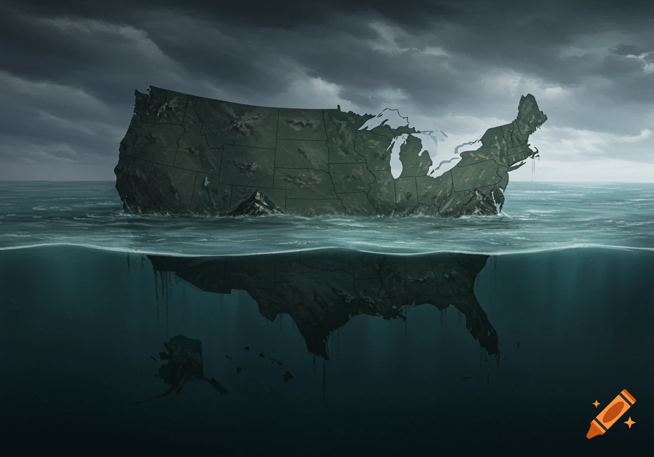 Illustration of the United States map sinking into a dark ocean under ...