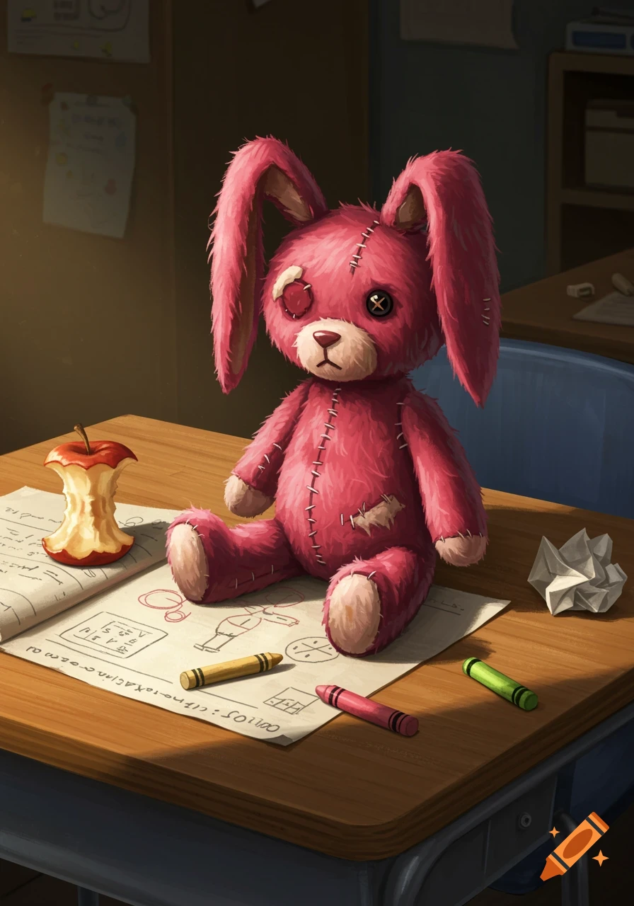 A shabby pink stuffed rabbit sits on a classroom desk next to an apple ...