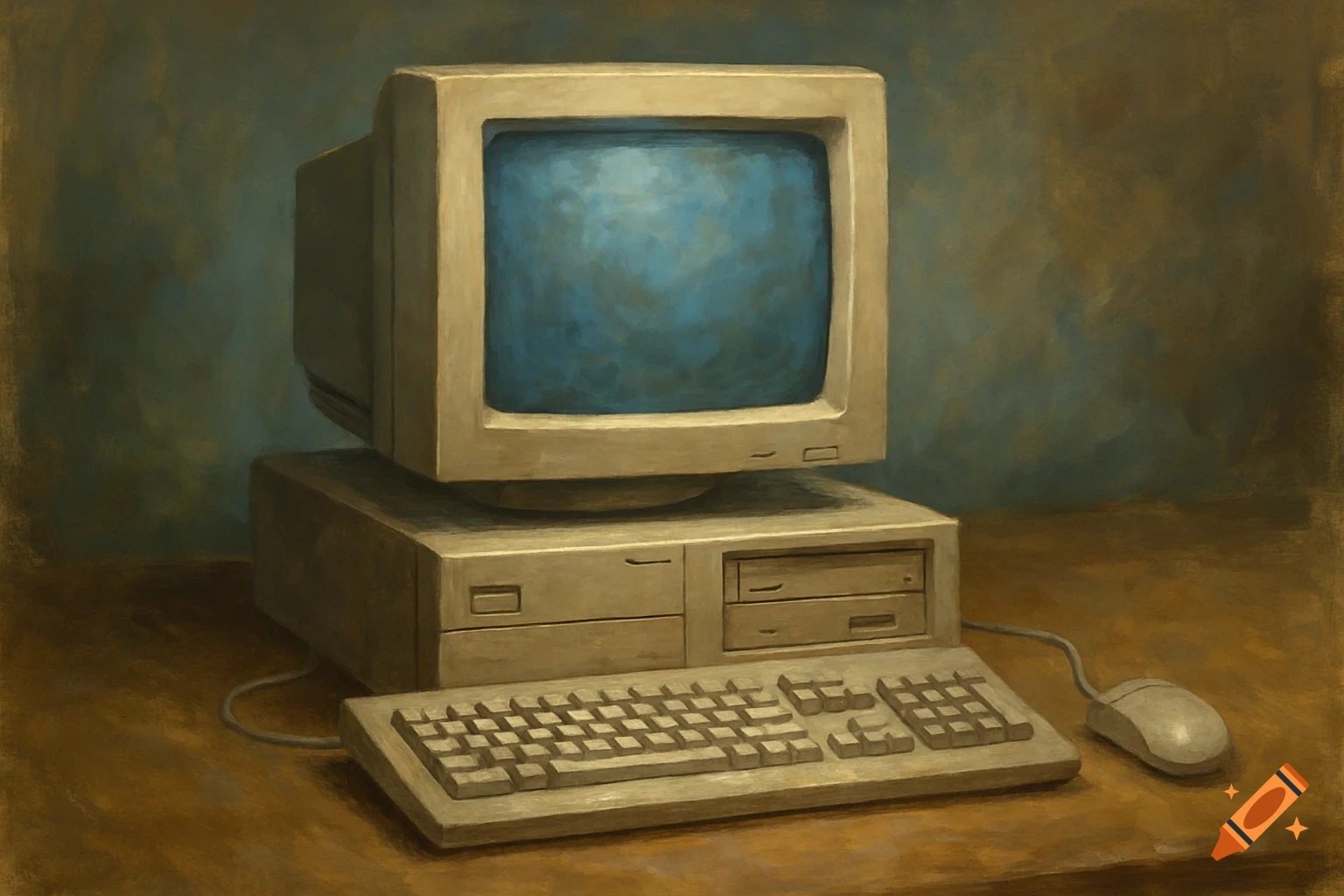 A painted still life of a vintage computer setup, including a monitor, tower, keyboard, and ...