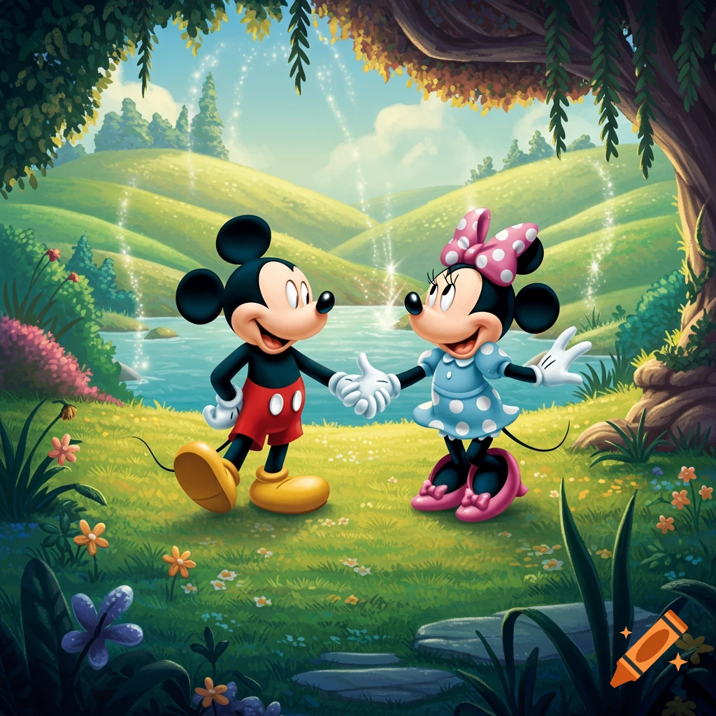 Mickey and Minnie Mouse hold hands in a grassy park with a lake and ...