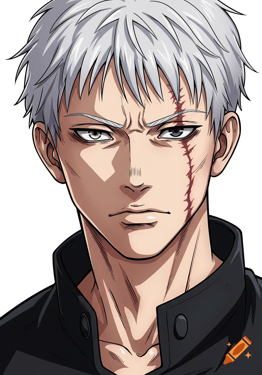 Anime/manga portrait of a man with white hair and a cheek scar on Craiyon