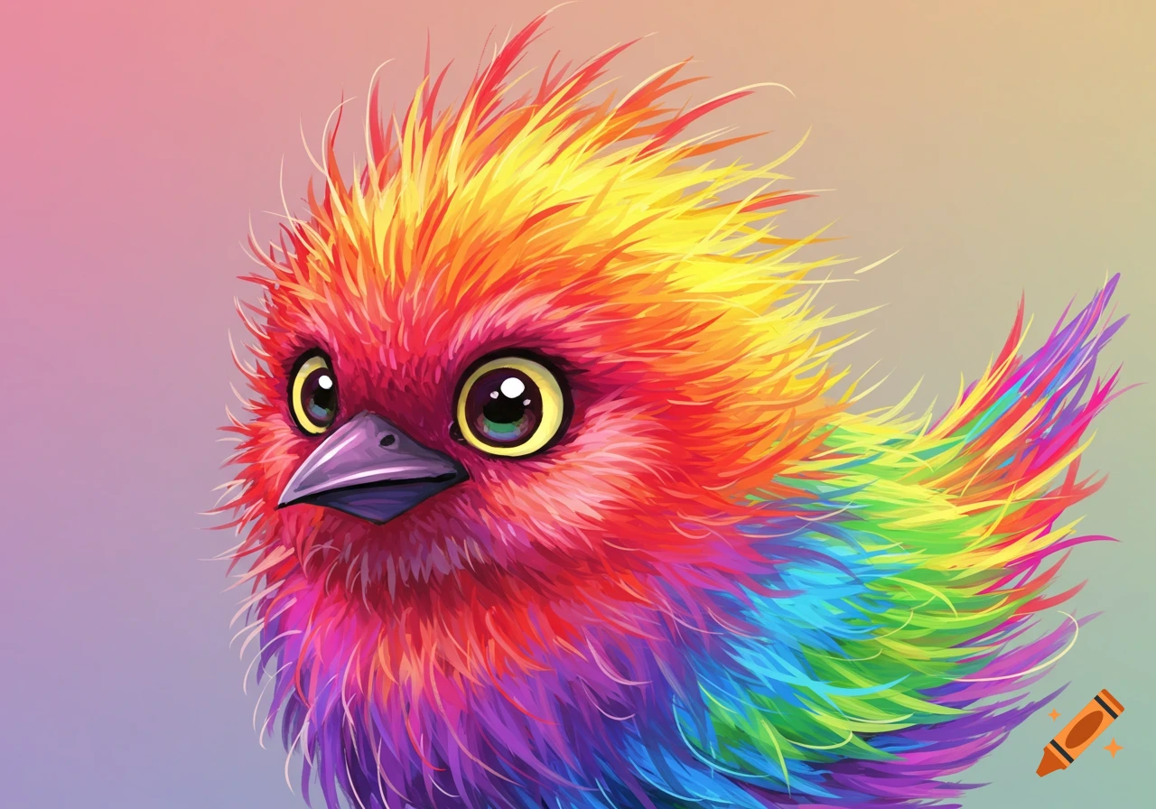 A colorful illustration of a fluffy bird with rainbow-colored messy ...