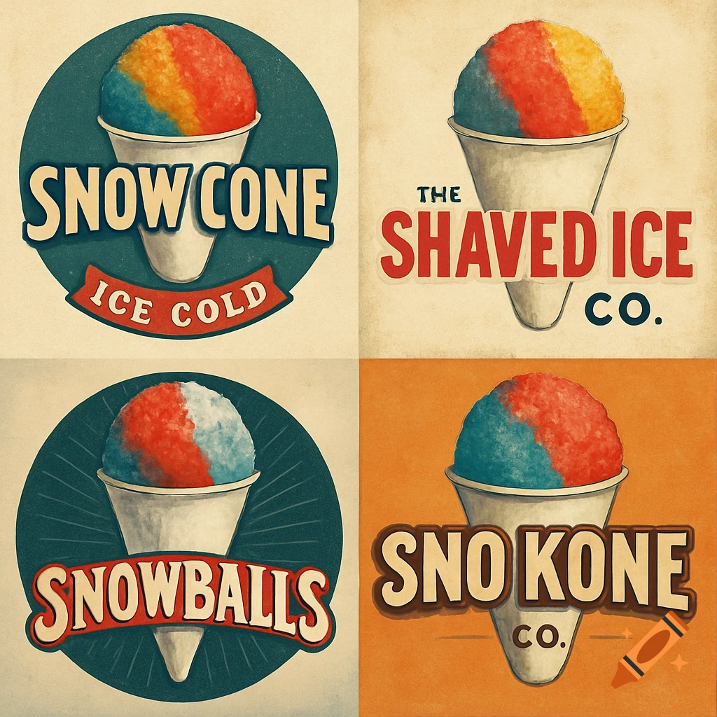 Four vintage-style logos for snow cones and shaved ice brands. on Craiyon