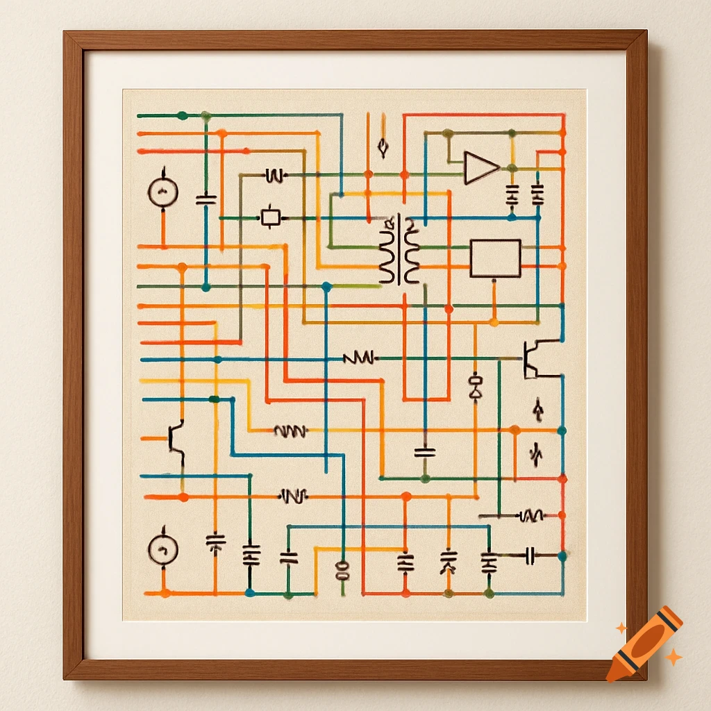 Framed drawing of a colorful electrical circuit schematic on Craiyon