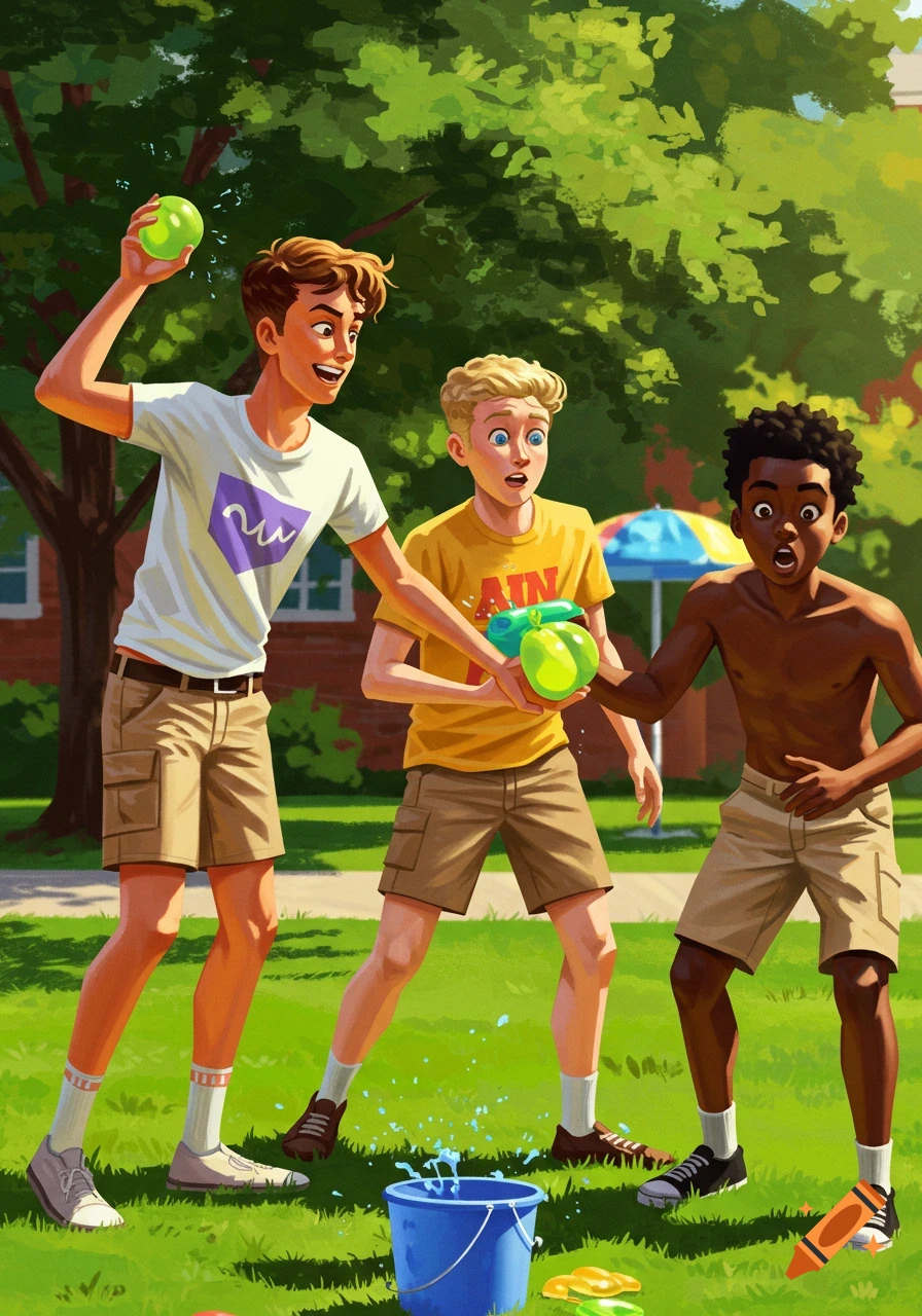 Illustration of three boys playing a water fight outdoors with water ...