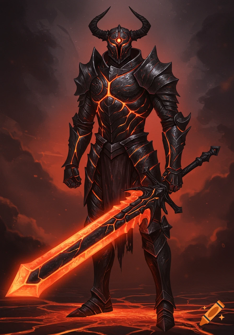 A tall knight in black armor with glowing orange lava cracks stands ...